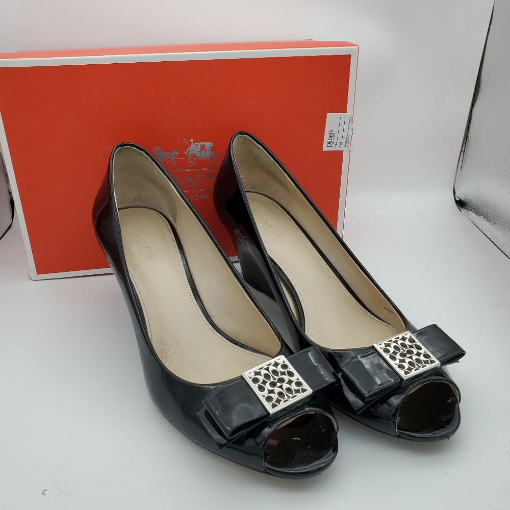 Coach Gretchen Patent Leather Peep Toe Wedge - Gem